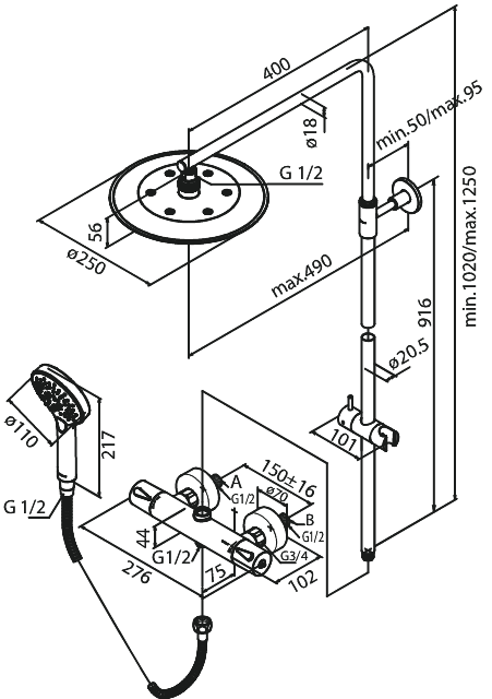 Silhouet Messing gebürstet PVD Thermostat Duschsystem [https://damixa.de]