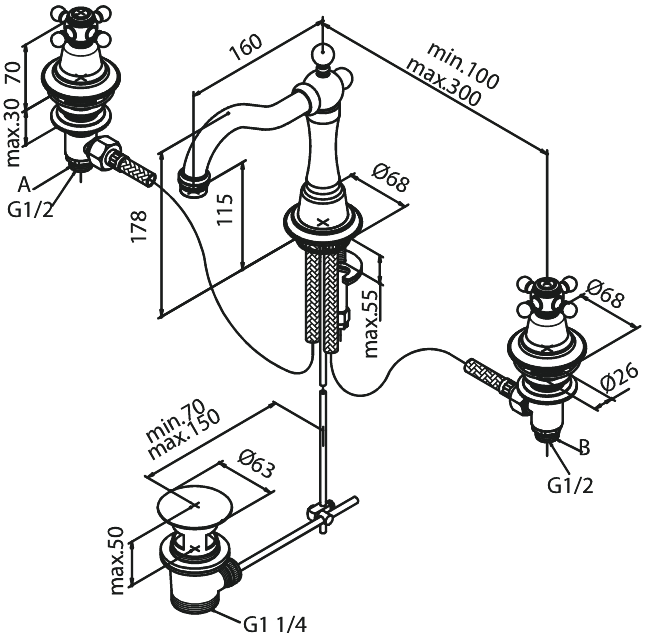 Tradition Krom 3-håls tvättställsblandare med lyftventil [https://damixa.se]
