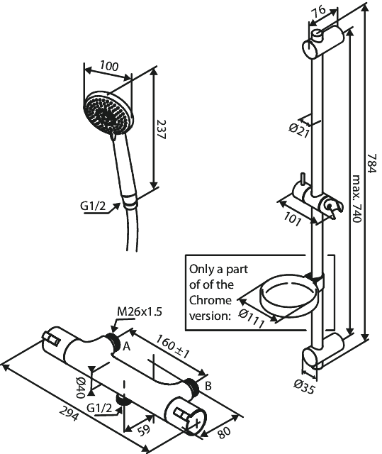 Core Krom Flex duschset med termostatblandare, handdusch och slang (160cc) [https://damixa.se]