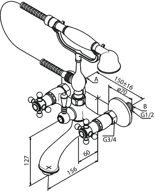 Tradition Chroom Bad/douchemengkraan met haak en doucheset [https://damixa.nl]
