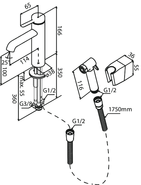 Iris Borstad Koppar Tvättställsblandare - small med sidodusch [https://damixa.se]